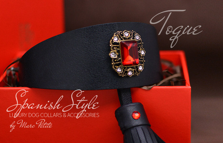 Toque - Elegant, black leather dog collar with red cristal & tassle ...